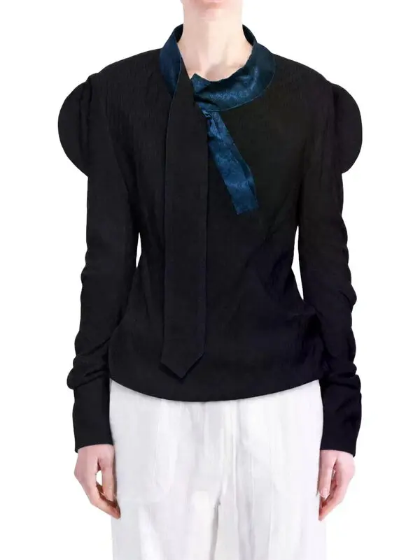 KIKO KOSTADINOV Crinkled Texture Floral-print Scarf Collar Puffed Sleeve Top - Black