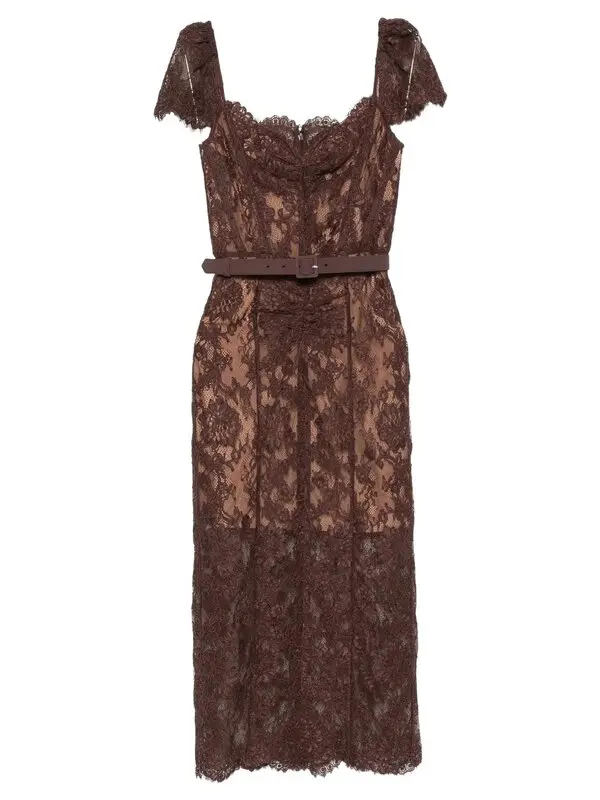 SELF-PORTRAIT Short-sleeve Zip-front Midi Dress With Removable Belt - Marrone