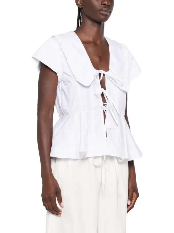 GANNI Organic Cotton Ruffled Collar Tie Detail Peplum Top - White