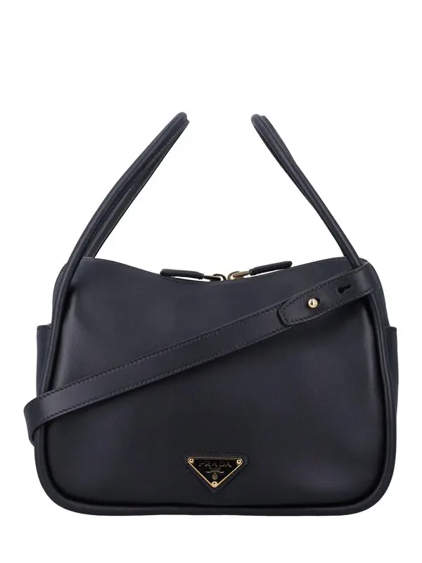 Prada Calf Leather Handbag With Enamel Triangle Logo - Nero