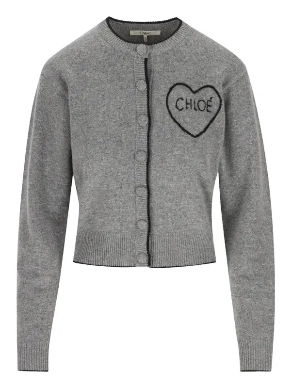 Chloé Contrast Trim Embroidered Logo Wool Cardigan - Grigio