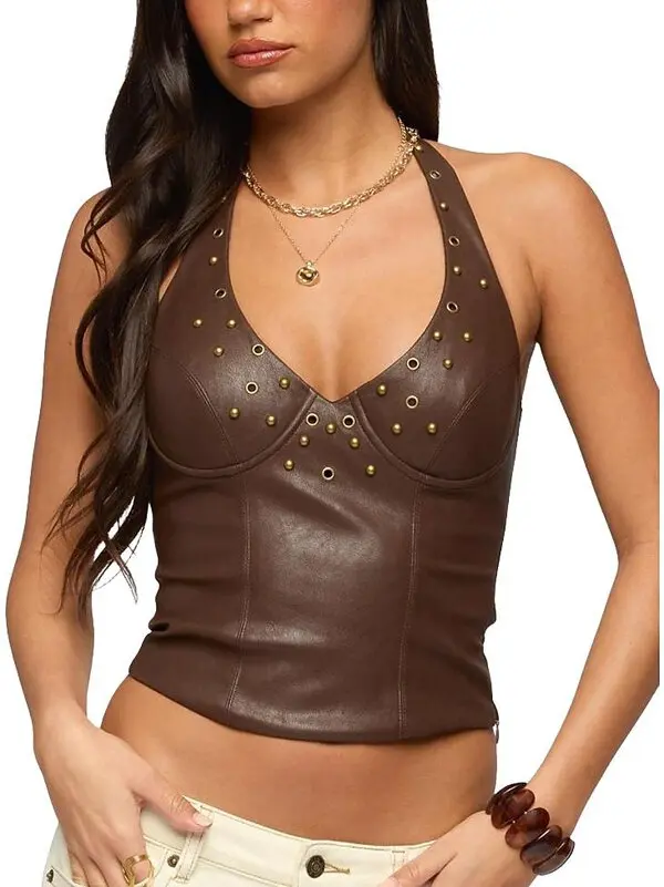 EDIKTED Vaya Studded Halter Top - Brown
