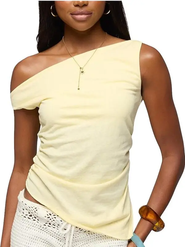 EDIKTED Ruched Asymmetric Off Shoulder Top - Light-yellow