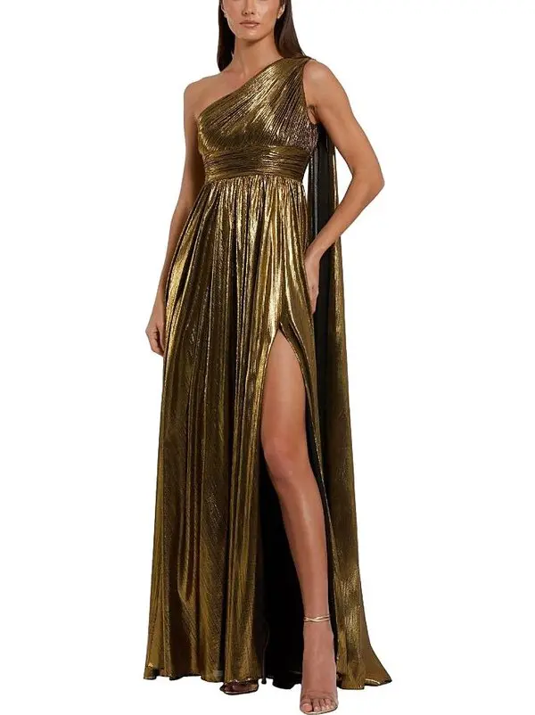 Mac Duggal Petite Metallic One Shoulder Gown With Slit - Gold