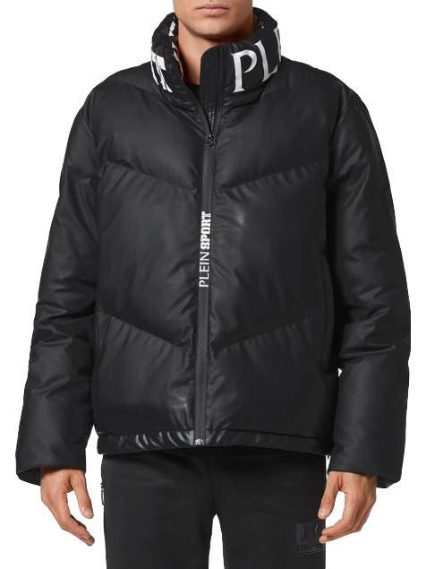 PLEIN SPORT Nylon Down Jacket With Tiger Print - Black