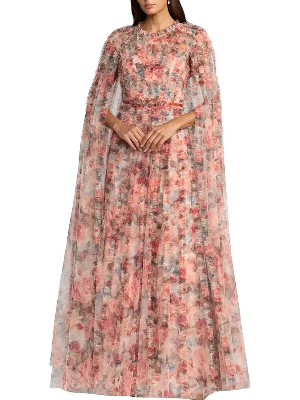 Mac Duggal Floral Mesh High Neck Cape Sleeve Ruffle Gown - Cream Multi