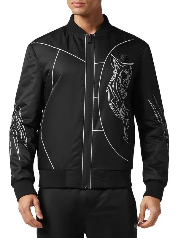 PLEIN SPORT Nylon Bomber Jacket With Tiger Emblem - Black