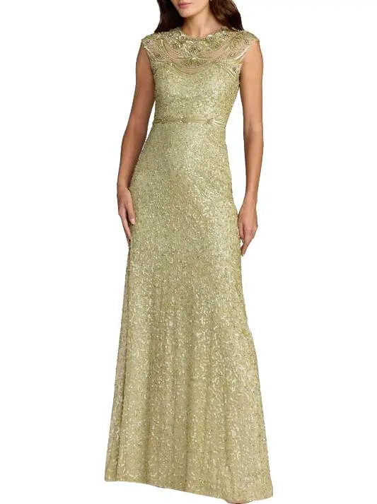 Mac Duggal Embellished High Neck Cap Sleeve Gown - Fern