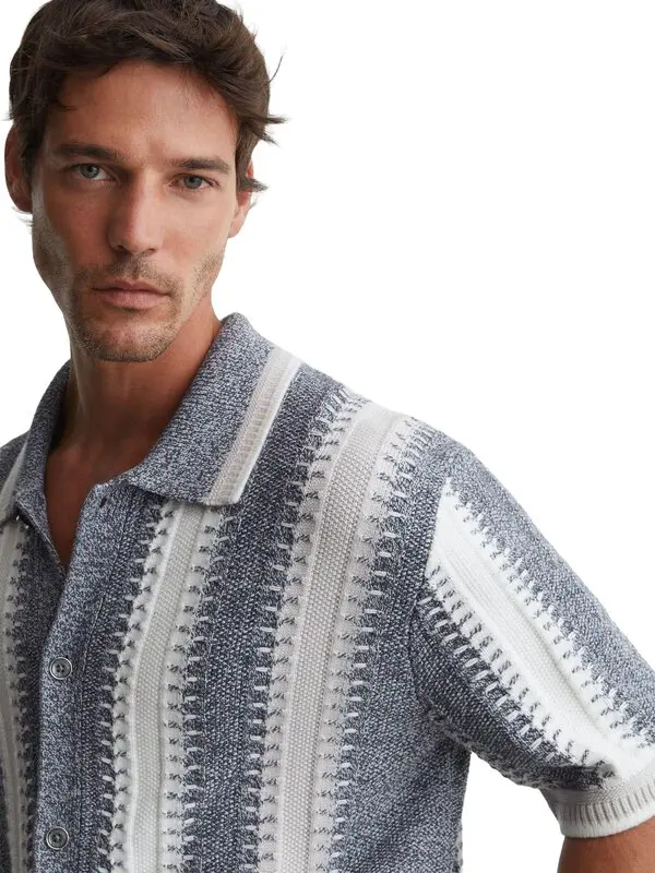 REISS Dale Stitch-detail Stripe Knitted Shirt With Cotton - Soft Blue/white