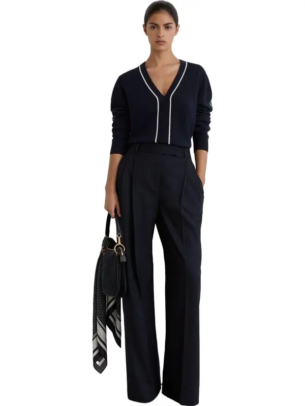 REISS Mila Wool-blend V-neck Jumper With Stripe Detail And Cashmere - Navy/ivory