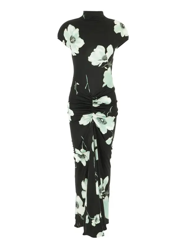 Alaïa Ruched Floral Print High Neck Dress - Multicolor