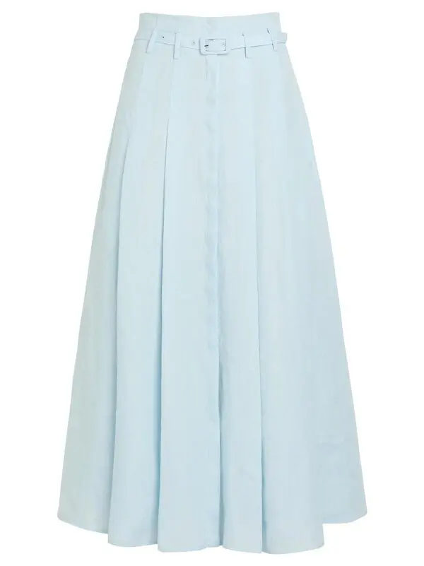 Gabriela Hearst Belted Pleated Linen Midi Skirt - Light Blue