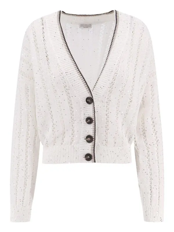 Brunello Cucinelli Dazzling Ribbed Net Cardigan - White