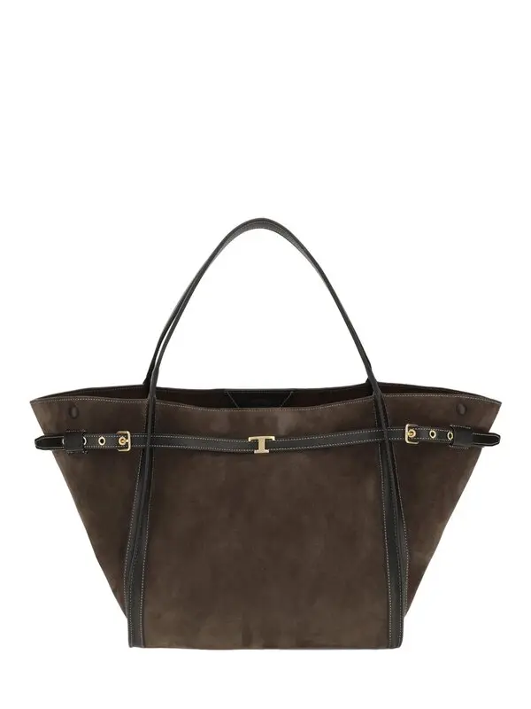 TOD'S Suede Tote Bag With Leather Inserts And T Timeless Detail - Brown