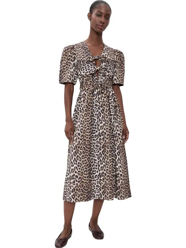 GANNI Printed Cotton Tie Strap Midi Dress - Leopard