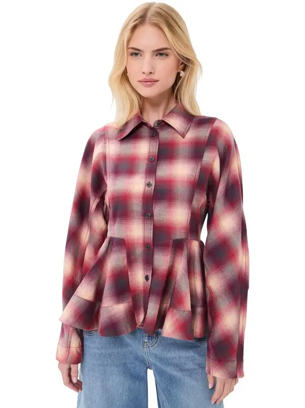 GANNI Cotton Flannel Check Peplum Shirt - Raspberry Wine