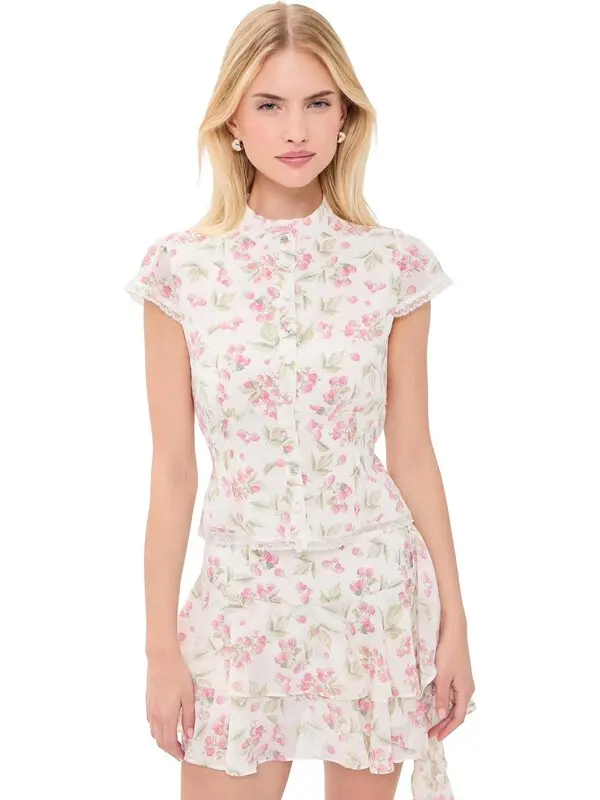 WAYF Talia Top With Raspberry Print And Lace Trim - Garden Raspberry