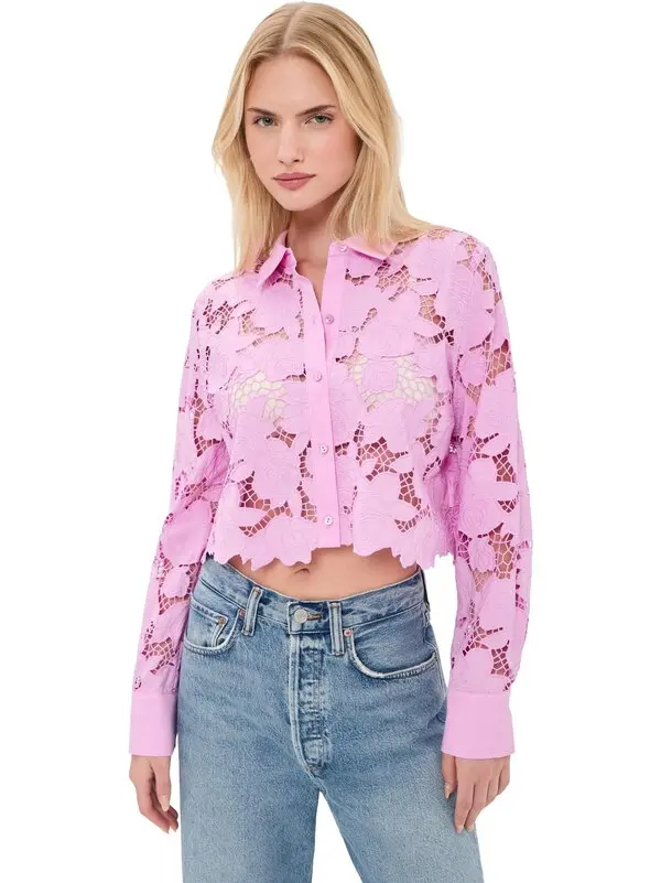 L'Agence Seychelle Cropped Button-down Shirt With Floral Embroidery - Peony