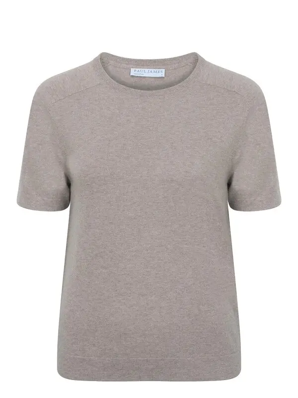 PAUL JAMES KNITWEAR Ultra Fine Cotton Cassie Saddle Shoulder Knitted T-shirt Mushroom - Brown