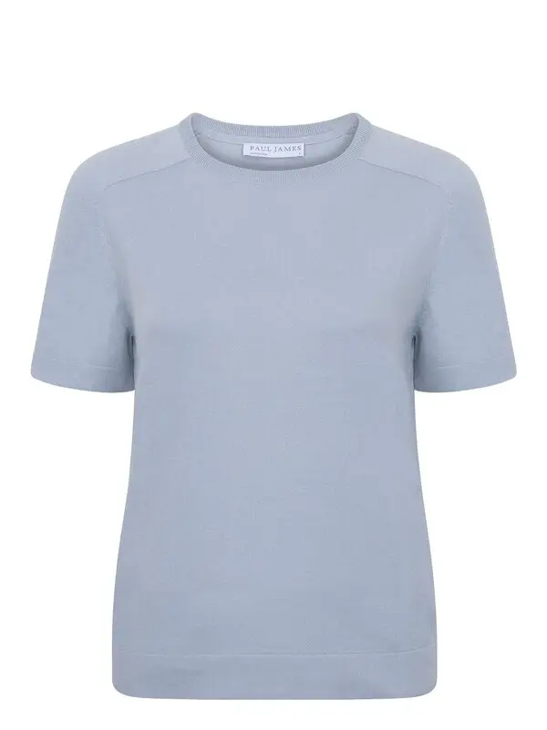 PAUL JAMES KNITWEAR Ultra Fine Cotton Cassie Saddle Shoulder Knitted T-shirt Pale - Blue