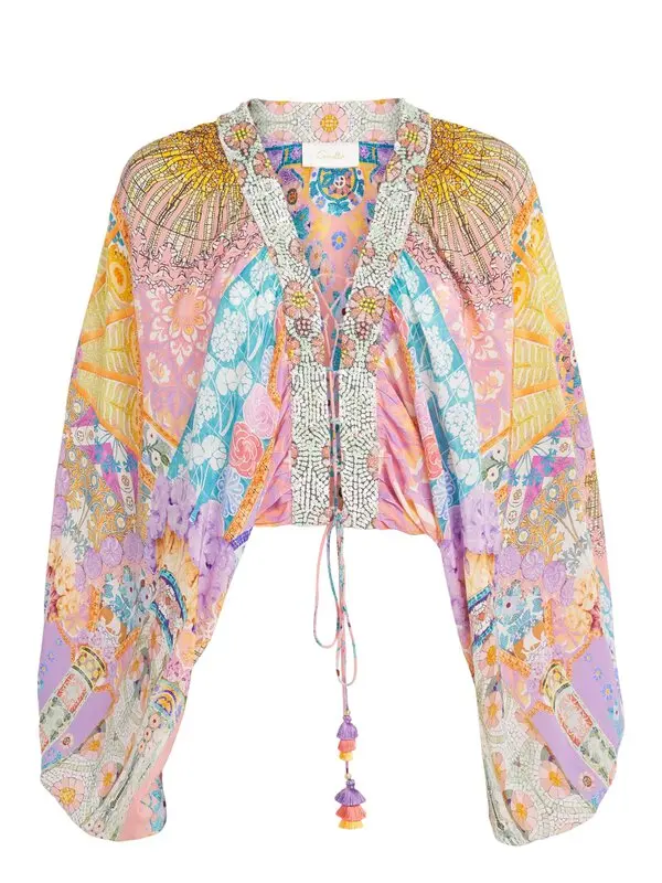 Camilla Printed Silk Blouse With Tie Detail - Pink