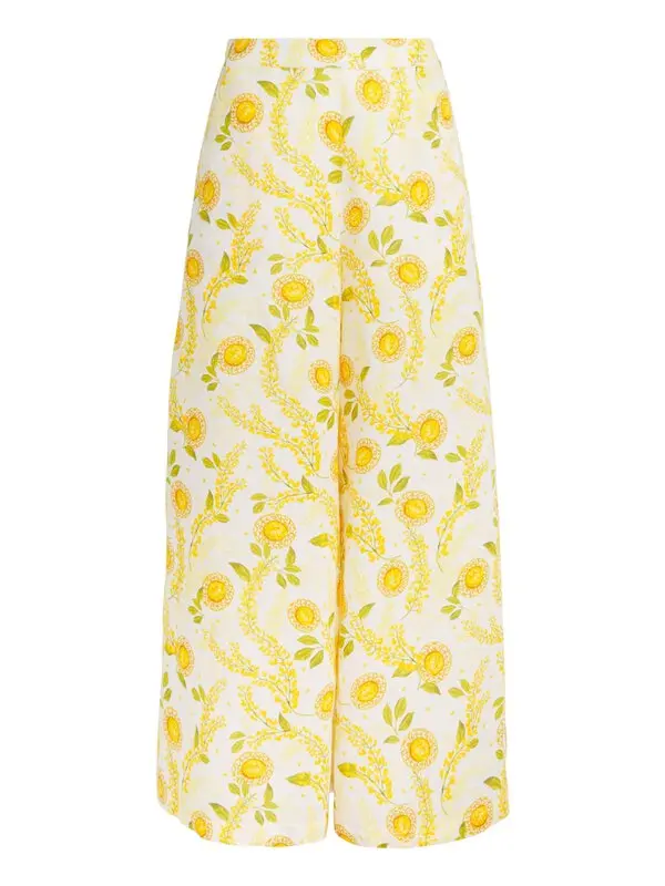Verandah Linen-cotton Floral Wide-leg Trousers - Yellow