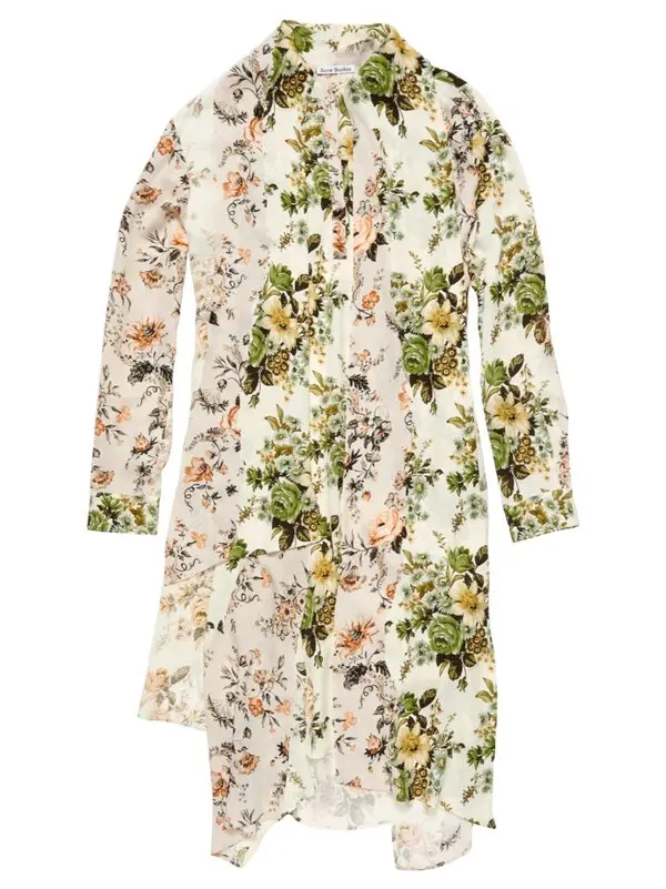 Acne Studios Silk Georgette Floral Print Shirt Dress - Beige/white