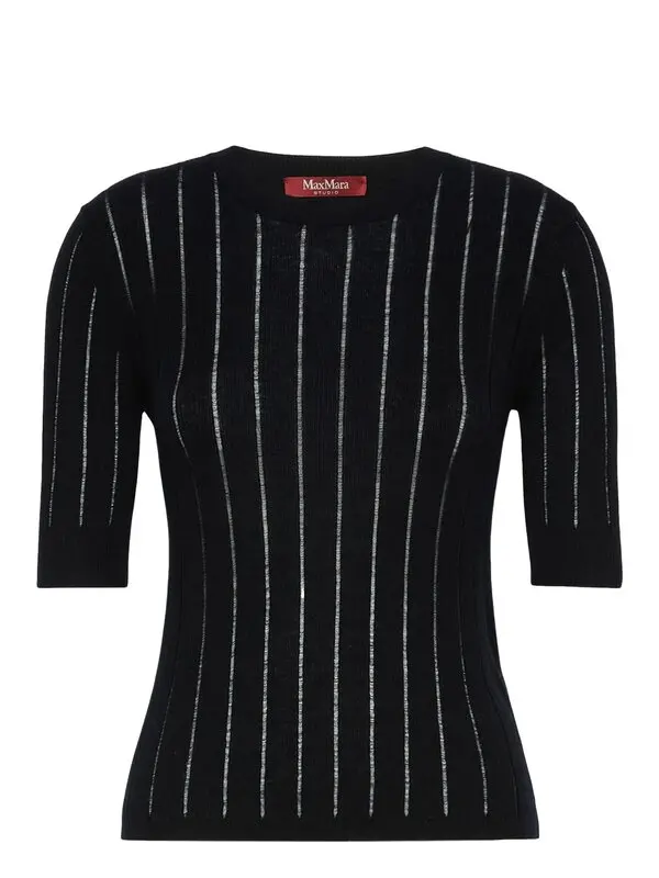 Max Mara Short Sleeve Knit Top With Ribbed Trim - Navy Blue