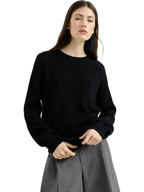 Brunello Cucinelli Cotton English Rib Sweater With Monili - Black
