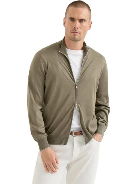 Brunello Cucinelli Cashmere And Silk Lightweight Zip Cardigan - Mud