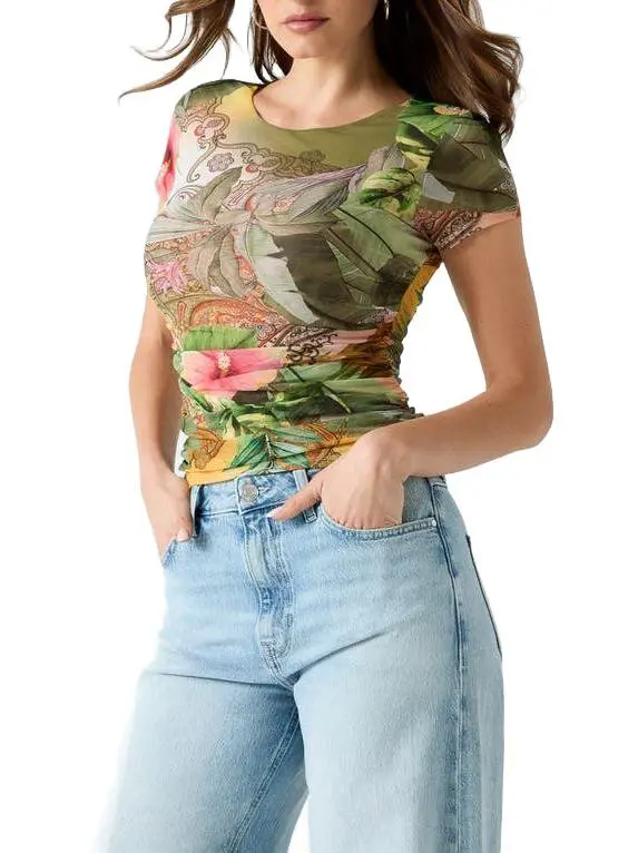 Guess Ruched Mesh T-shirt With Botanical Print - Green Multi