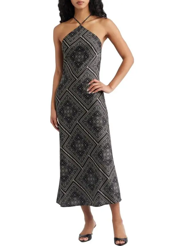 Lulus Tate Bandana Print Halterneck Midi Dress - Black/ivory