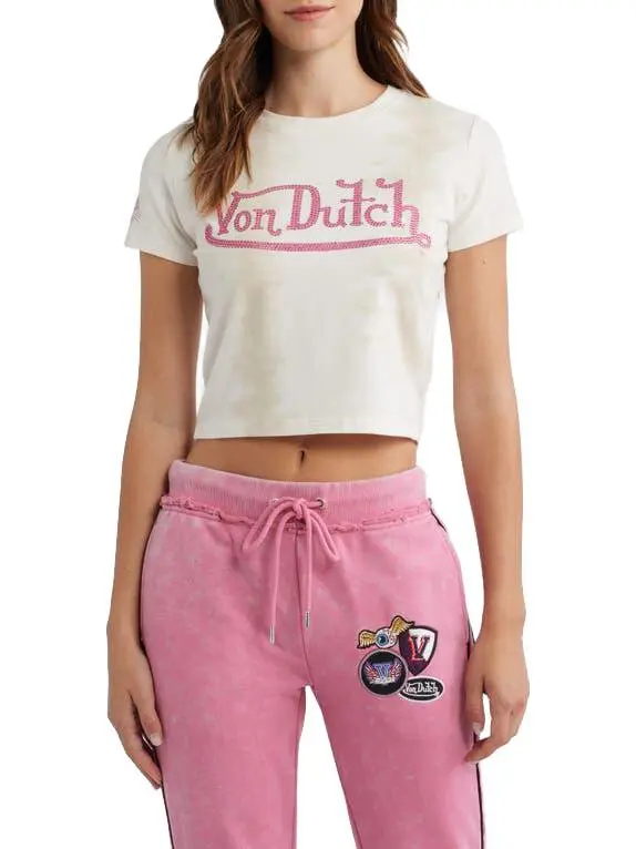 VON DUTCH Crystal Logo Cropped Baby Tee - Gardenia Strobe Dye