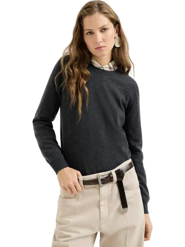 Brunello Cucinelli Cashmere Sweater With Monili Decoration - Dark Grey