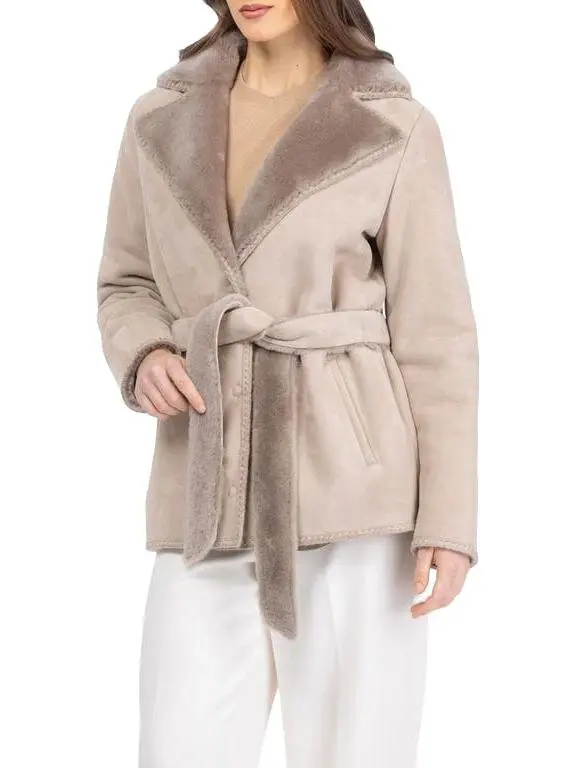 Gorski Genuine Shearling Belted Jacket With Whipstitch Trim - Taupe