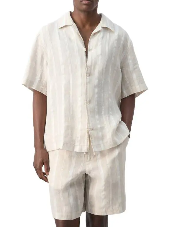 Mango Stripe Linen & Cotton Blend Bowling Shirt - Beige