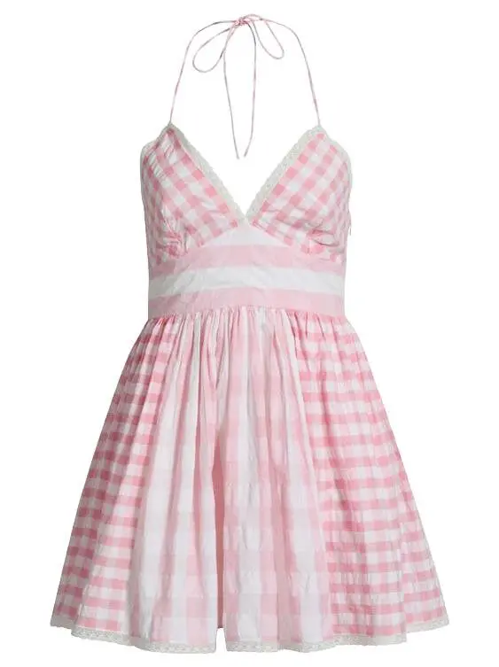 LoveShackFancy Arletta Gingham Halter Mini Dress - Watermelon Waves