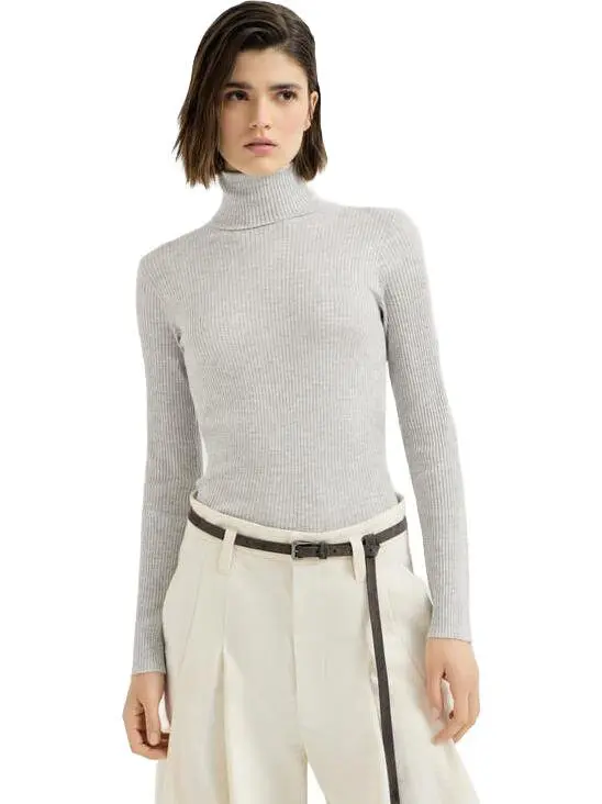 Brunello Cucinelli Ribbed Cashmere And Silk Blend Turtleneck Sweater - Light Grey