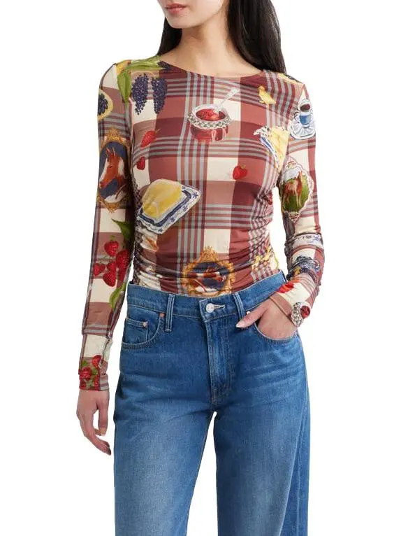 Farm Rio Country Table Tartan Ruched Long Sleeve Top - Brown
