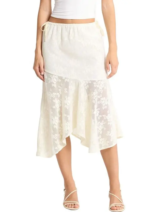 MUSE ASSEMBLY Floral Lace Asymmetric Midi Skirt - Ecru