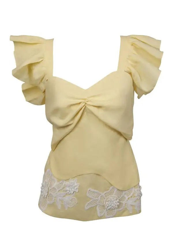 MUDA CLOTHING FZ LLC Linen Sweetheart Neckline Ruffle Sleeve Top With Lace Embellishment - Yellow