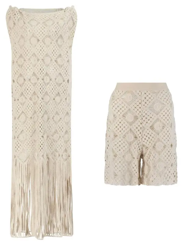 EMANMOON Crochet Fringe Maxi Dress And Shorts Set - Beige