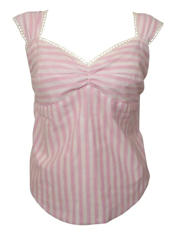 MUDA CLOTHING FZ LLC Striped V-neck Lace-trimmed Cotton Top - Pink/white