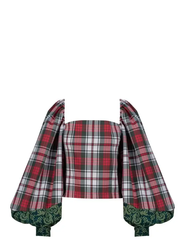 EMANMOON Plaid Top With Smocked Bodice And Volume Sleeves - Red