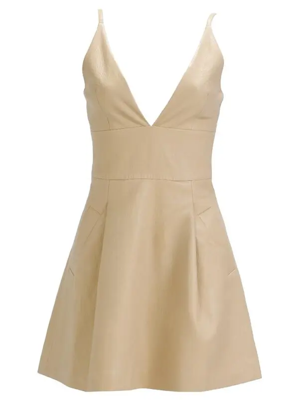 MOV Name' Deep V-neck Vegan Leather Mini Dress With Side Pockets - Yellow