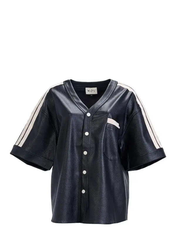 MOV Oversized Vegan Leather Short Sleeve Shirt With Side Stripe Detail - Black