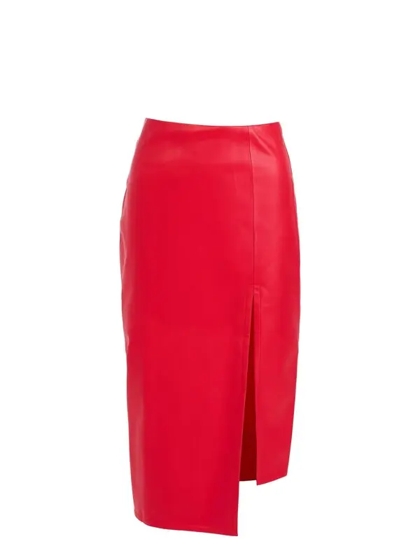 MOV Asymmetrical Vegan Leather Pencil Skirt With Side Slit - Red