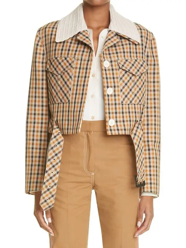 WALES BONNER Kalimba Plaid Crochet Collar Crop Jacket - Bone/cognac/chestnut