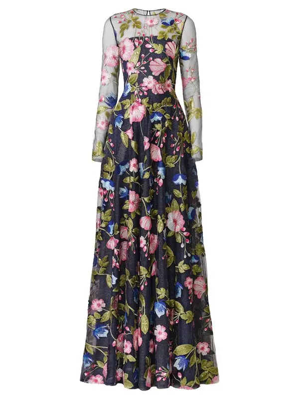 Naeem Khan Sequin Floral Lace Long Sleeve Gown - Blue