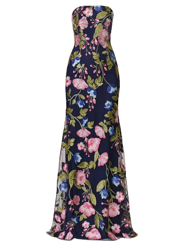 Naeem Khan Sequin Floral Lace Strapless Gown - Blue